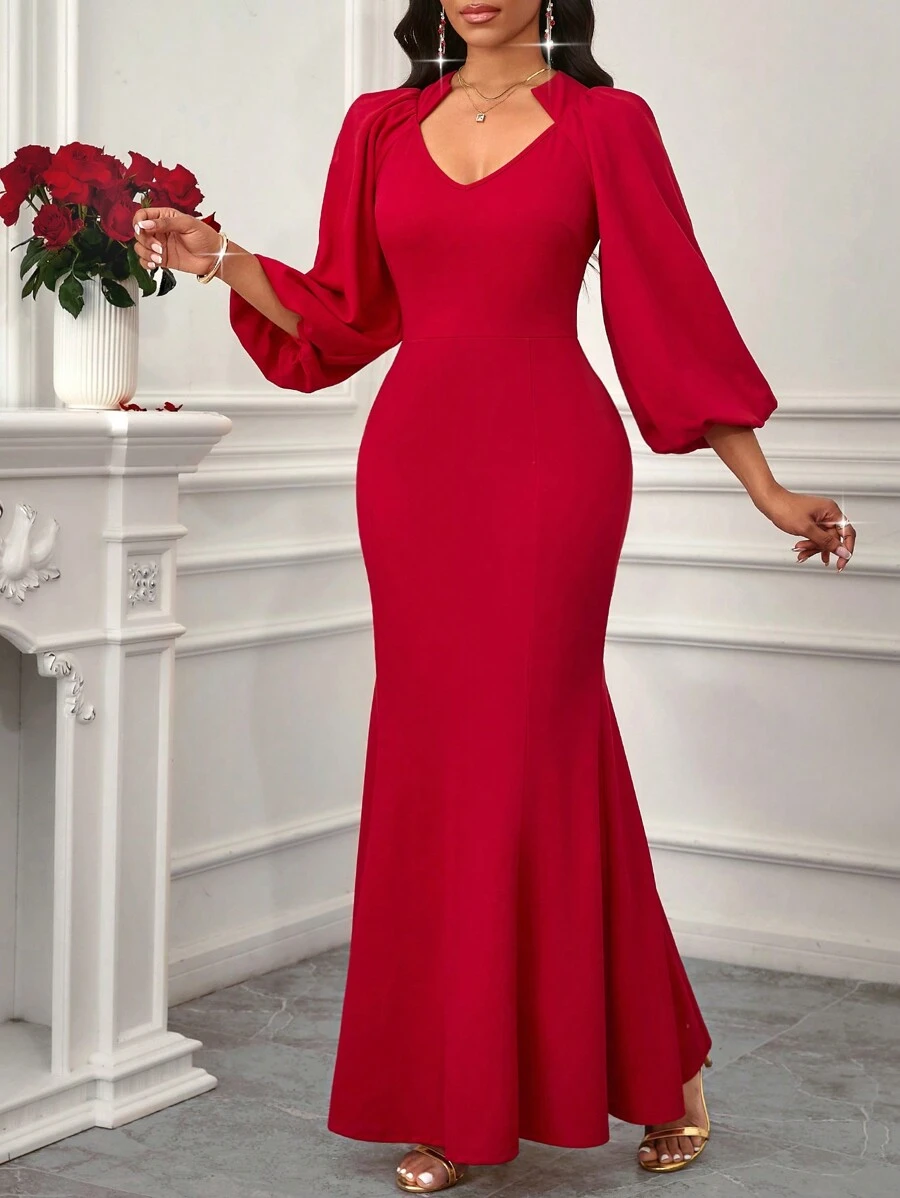 SHEIN Lady Women Long Mermaid Party Dress Autumn Classy Bodycon Full Lantern Sleeve African ...