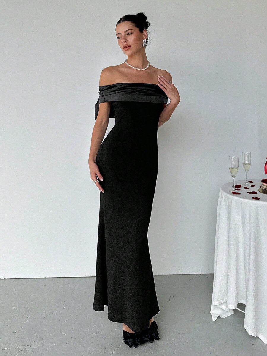 Aloruh Elegant Party Off Shoulder Solid Color Butterfly Decor Fishtail ...