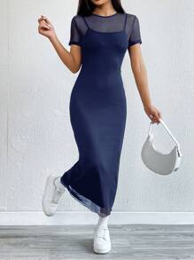 SHEIN EZwear Maxi DressSolid Contrast Mesh Bodycon Dress Simple ...