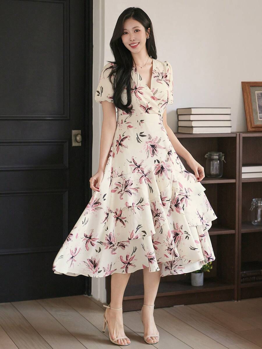 DAZY Women's Elegant V-Neck Floral Puff Sleeve Ruffle Hem Mid-Length Dress, Summer Sundress ...