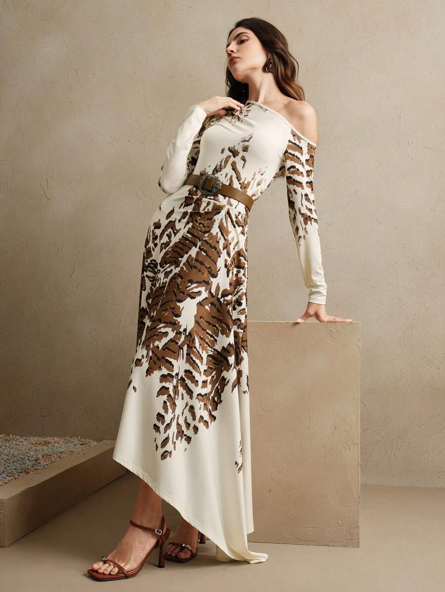 Anewsta Women's Modern Asymmetric Hem Belted Full Body Print Dress With ...