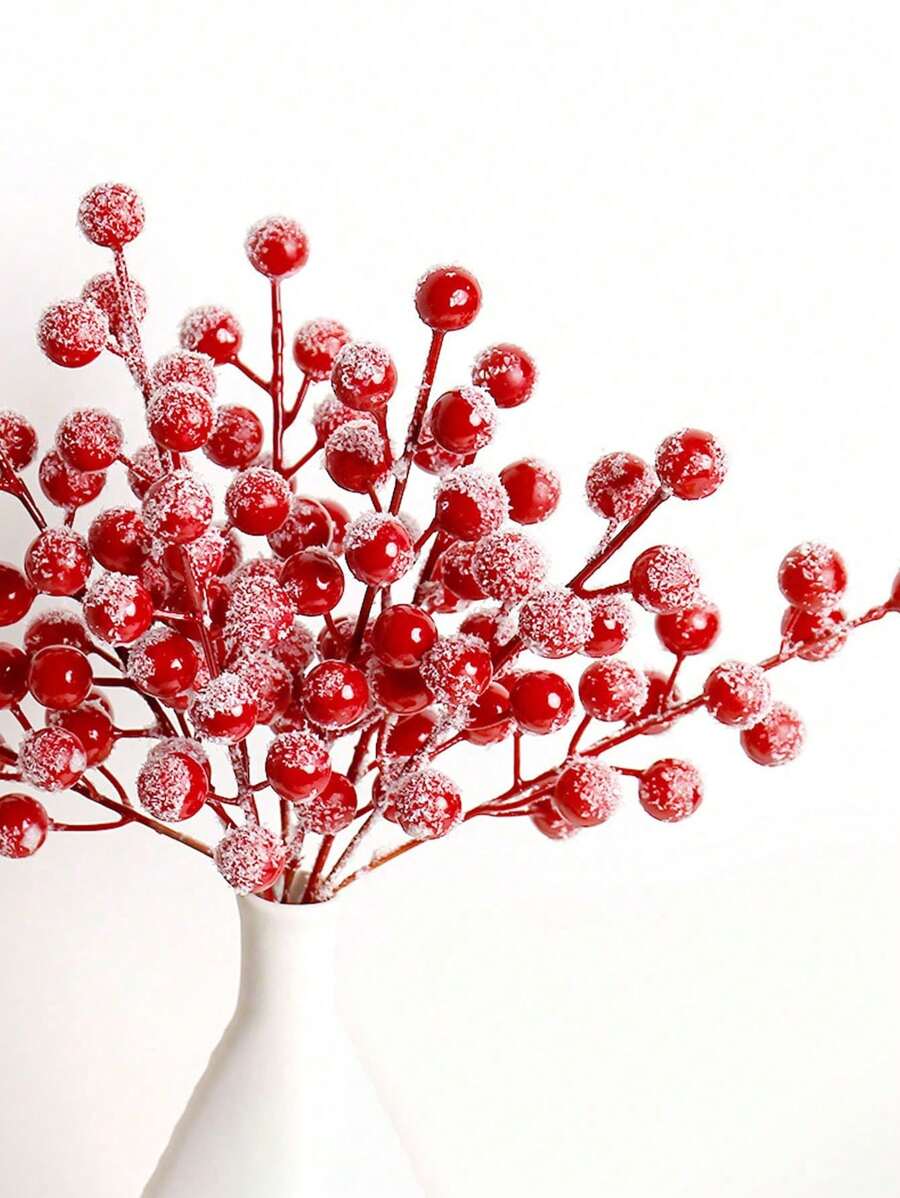 10pcs- Snow Frosted Artificial Red Berry Stems, Snowy Christmas Red ...