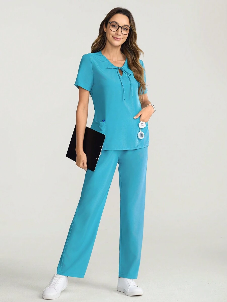 SHEIN TaskFit Solid Color Front Tie Short Sleeve Pocket Simple Top And ...