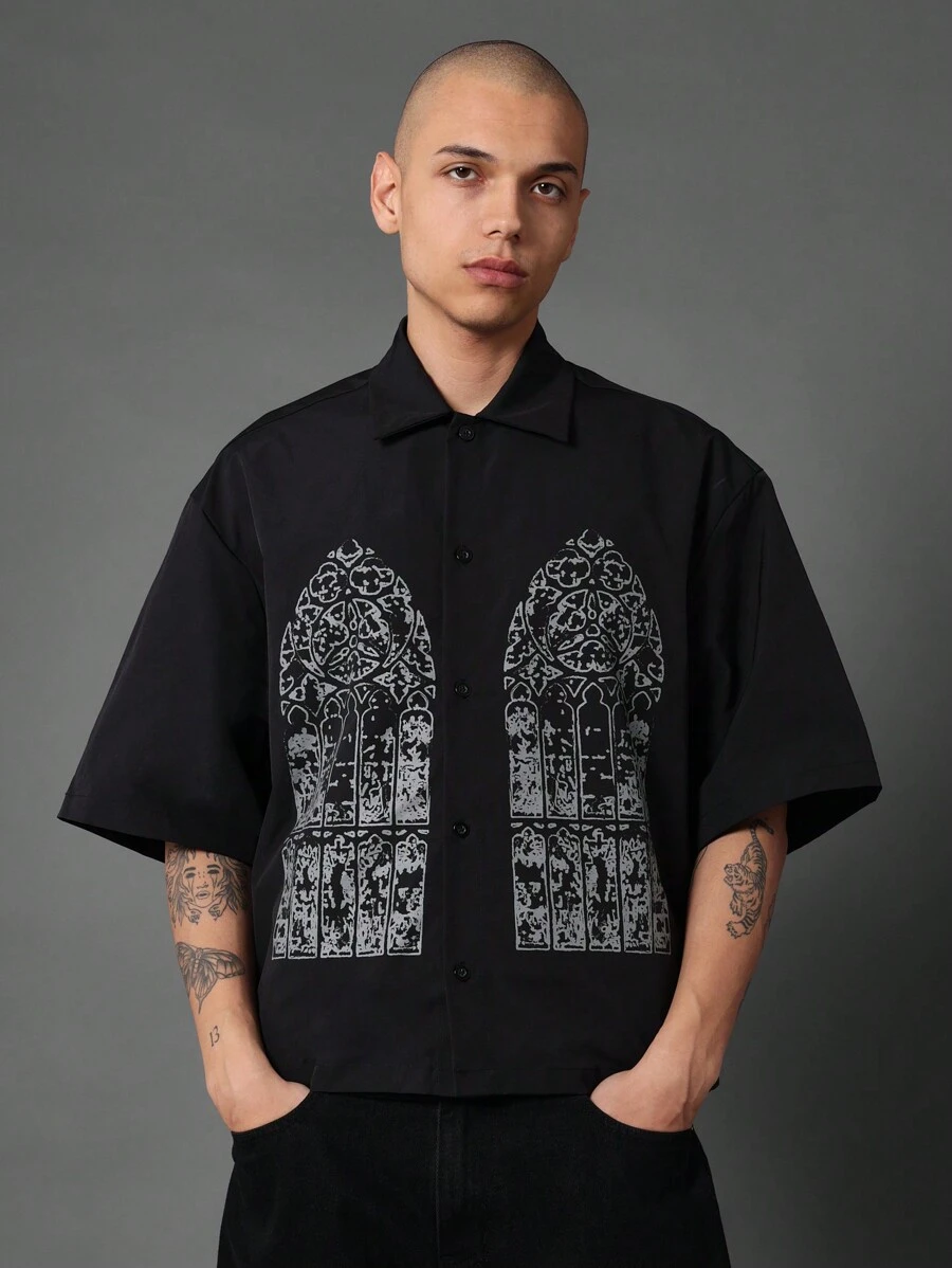SUMWON Gothic Cathedral Print Button Down Shirt Urban Streetwear Short ...