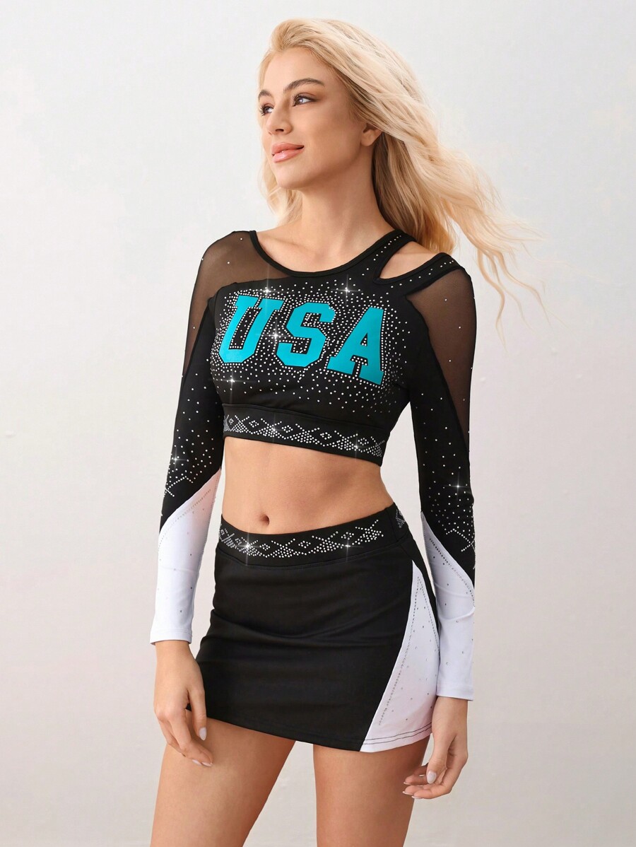 SHEIN Sport Cheerettes Women Letter Rhinestone Mesh Splice Long Sleeve ...