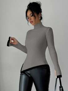 Elenzga Damen Farbblock Asymmetrischer Saum Rollkragenpullover ...