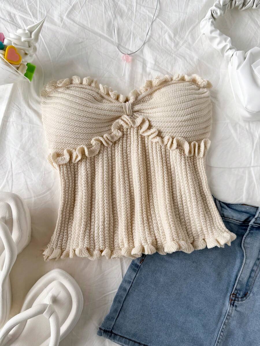 Soleia Casual Ruffle Trim Knit Tube Top, Minimalist Fashion For ...