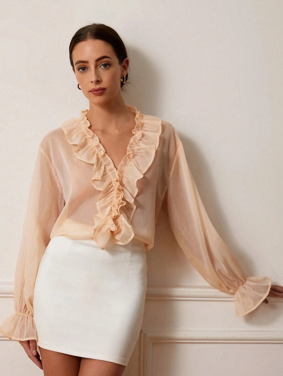 Aveloria Rosie French Elegant Romantic Shiny Chiffon Fishtail Slit See-Through Ruffle Collar ...