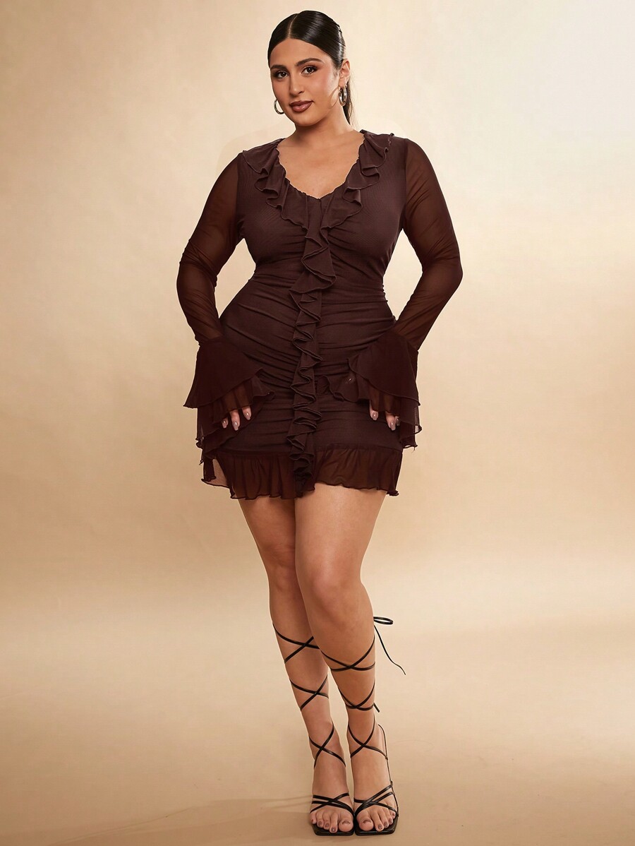 SHEIN BAE Plus Size Women Fall And Winter Black Mesh Deep V-Neck ...