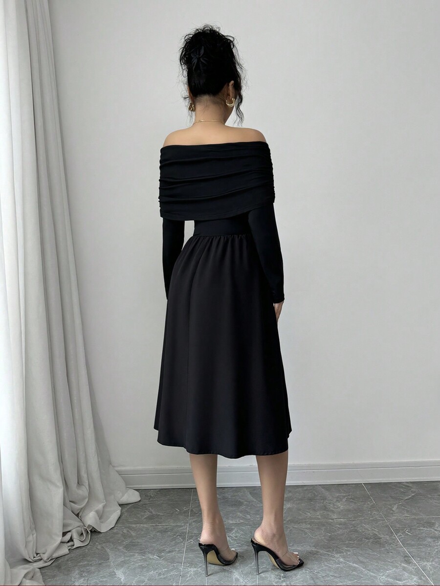 Elenzga Women's Solid Color Off-Shoulder Long Sleeve Casual Elegant Black Dress | SHEIN USA