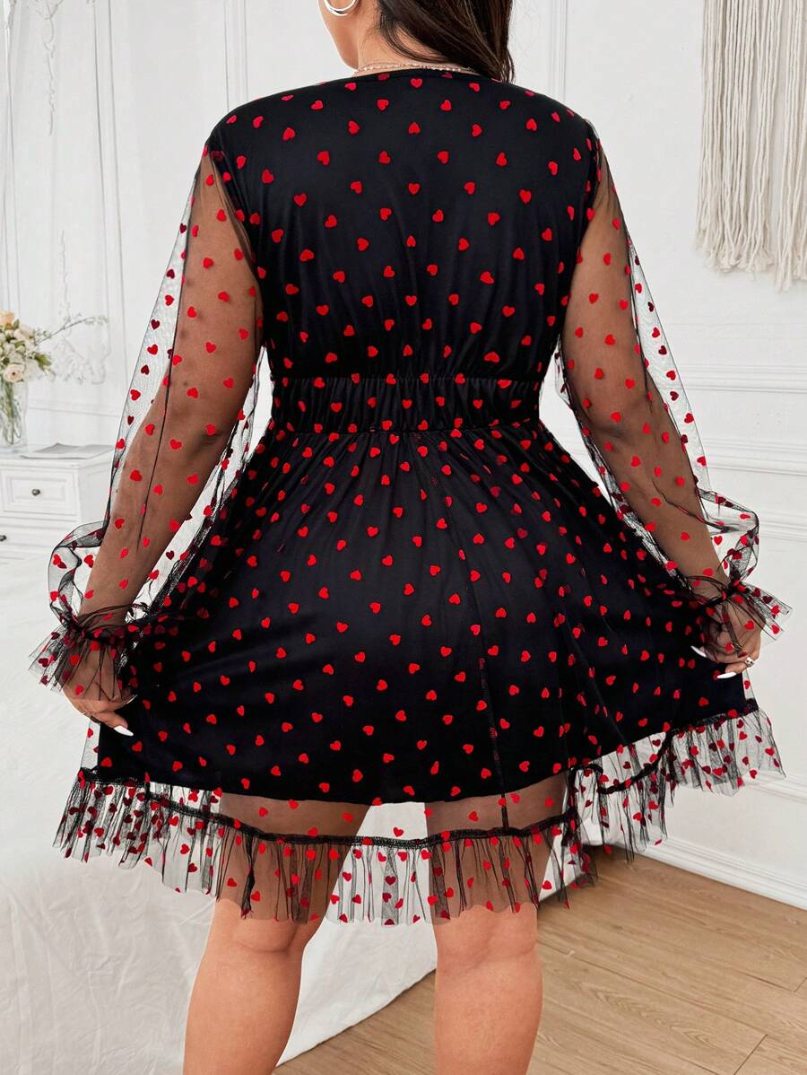 Shein Frenchy Plus Size Flocked Heart Sheer Mesh V Neck Long Sleeve