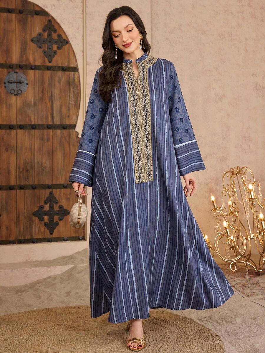 Al Najma Women's Wave Pattern Stand Collar Long Tunic Dress, Spring ...