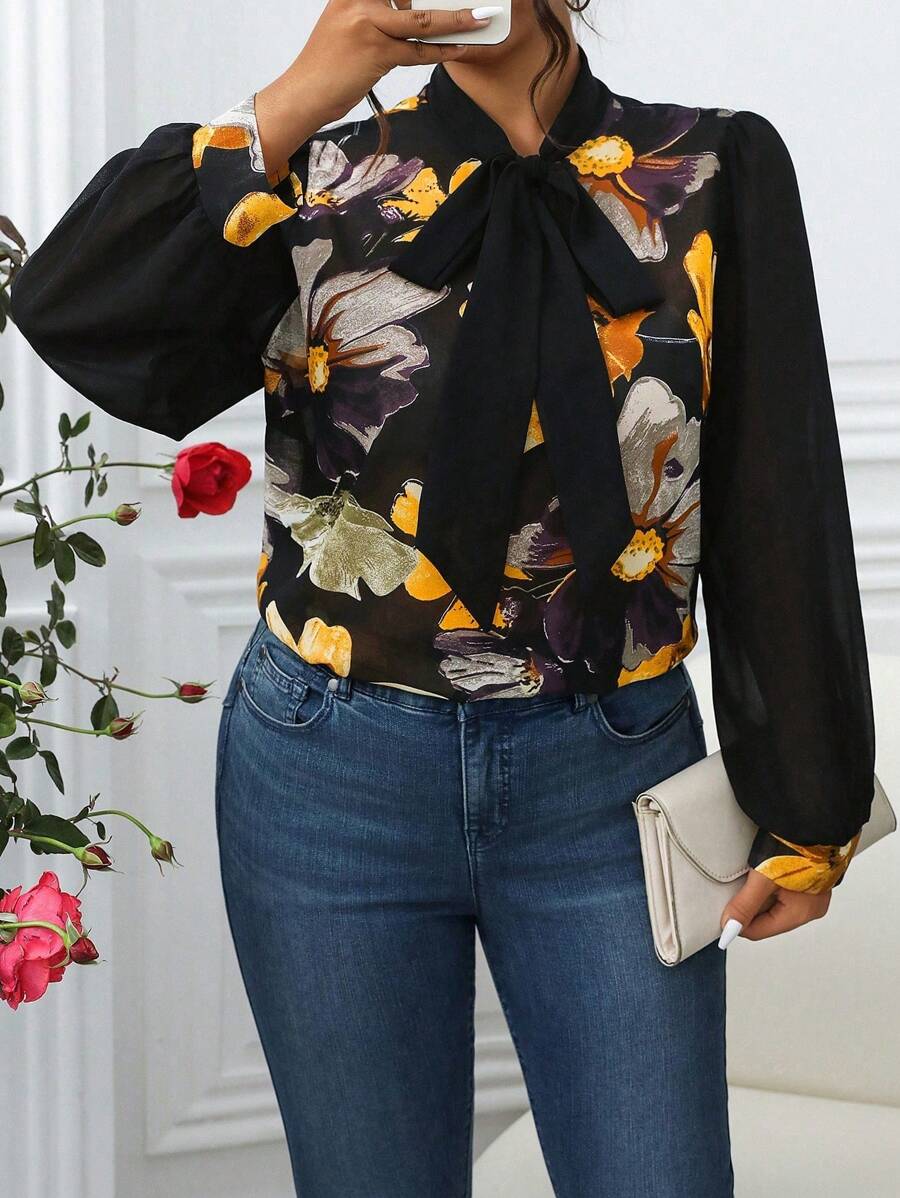 SHEIN Clasi Damen Große Größen süßes Retro-Schleife-Schwarz Ditsy ...