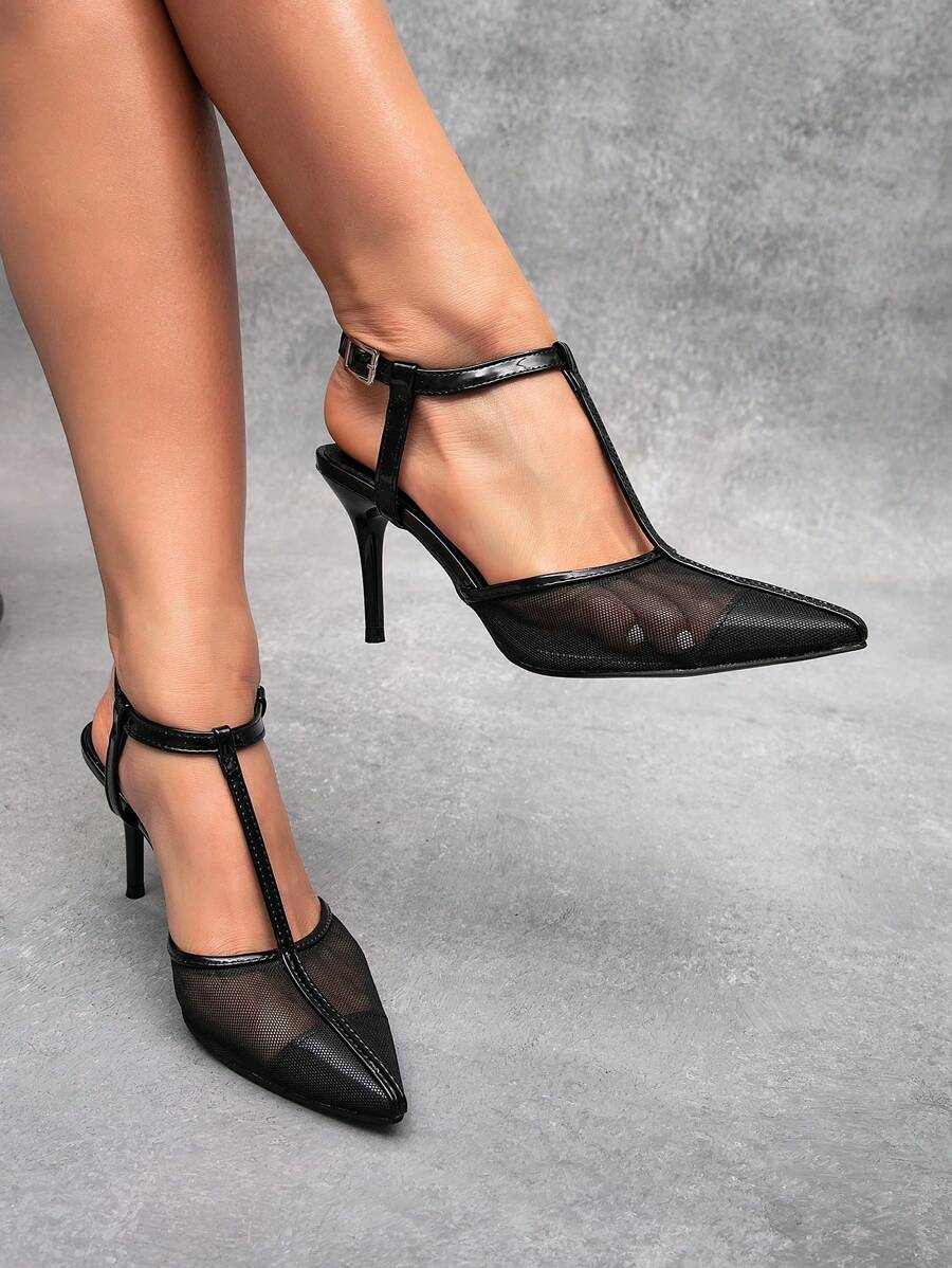 CUCCOO SZL Women Sexy Black Mesh T-Strap High Heel Pumps Spring Shoes ...