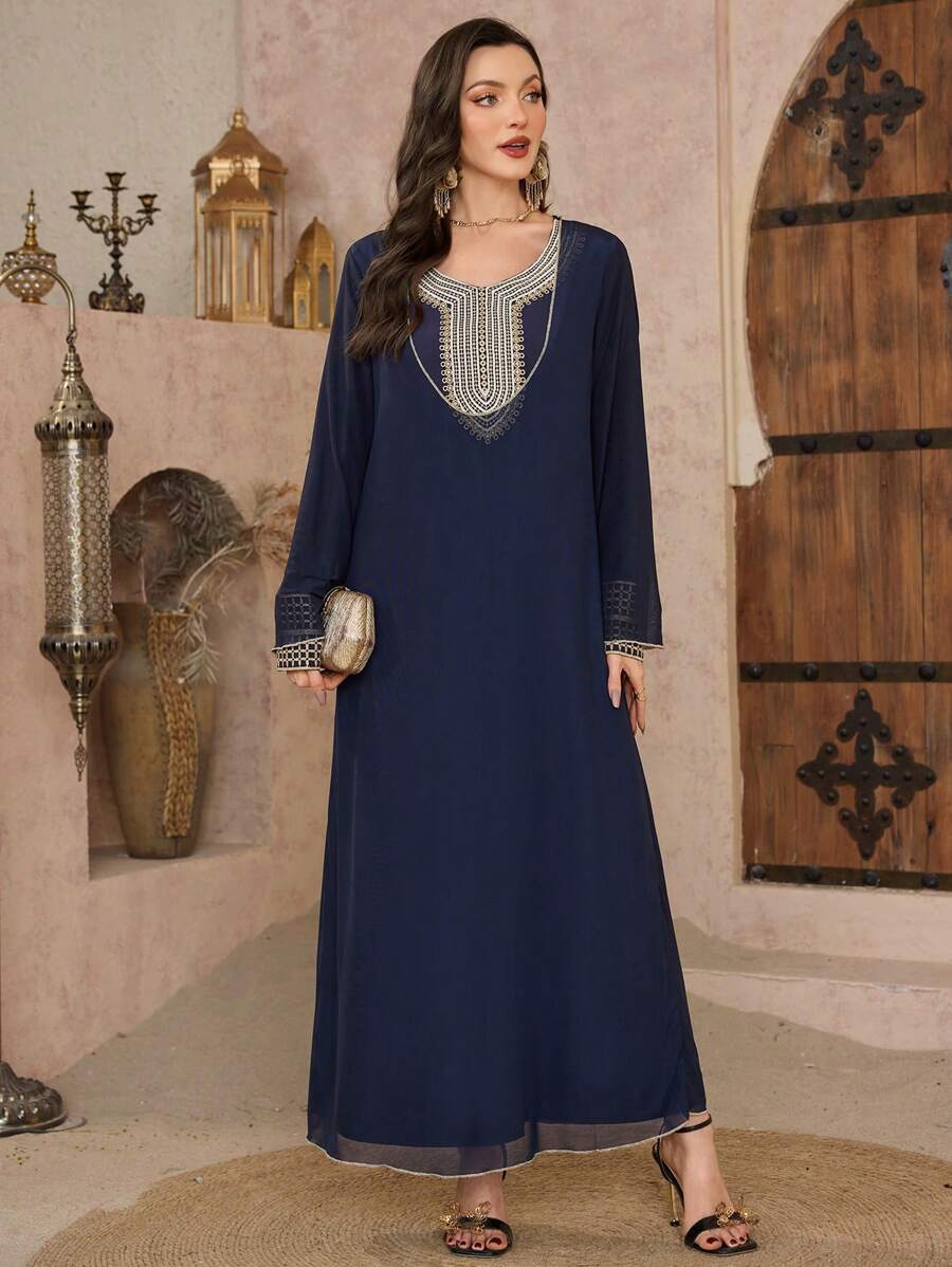 SHEIN Najma Women's Spring & Summer Embroidered 2-Piece Sheer Turkish & Arabic Style Maxi Dress ...