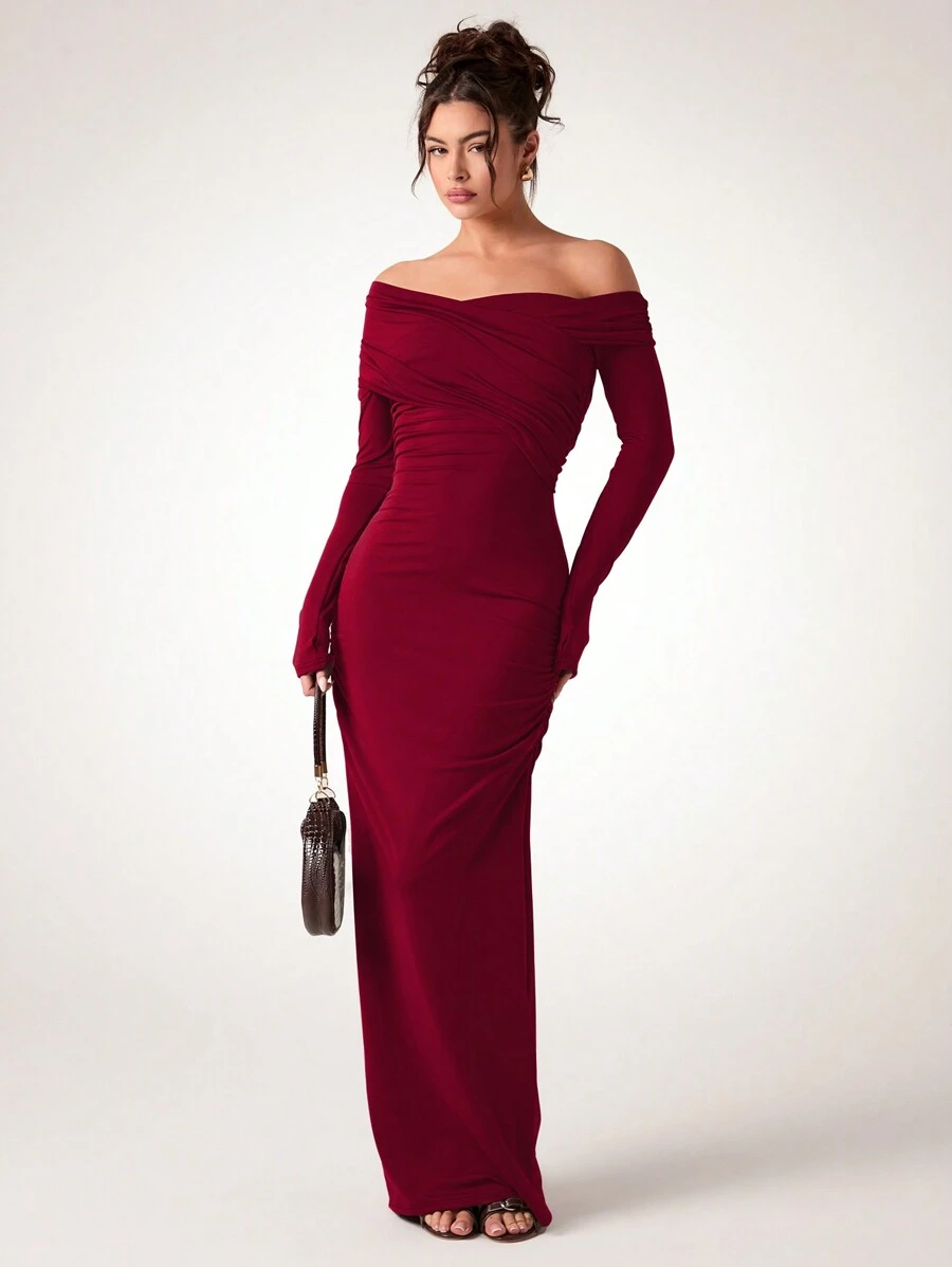 Glamine Sexy Plain Off Shoulder Long Sleeve Form-Fitting Regular Dress ...