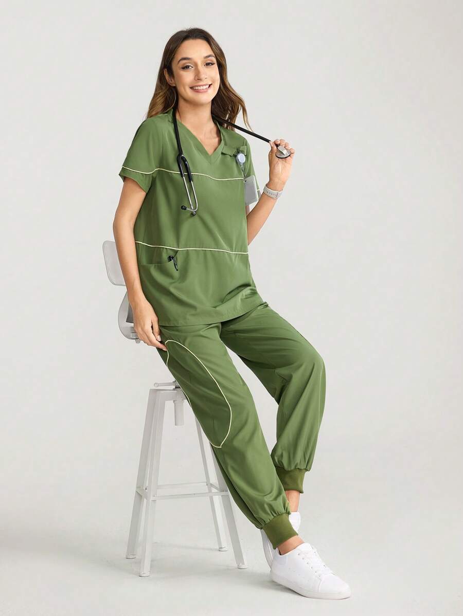 SHEIN TaskFit Short Sleeve New Design Patchwork Nursing Uniform Set ...