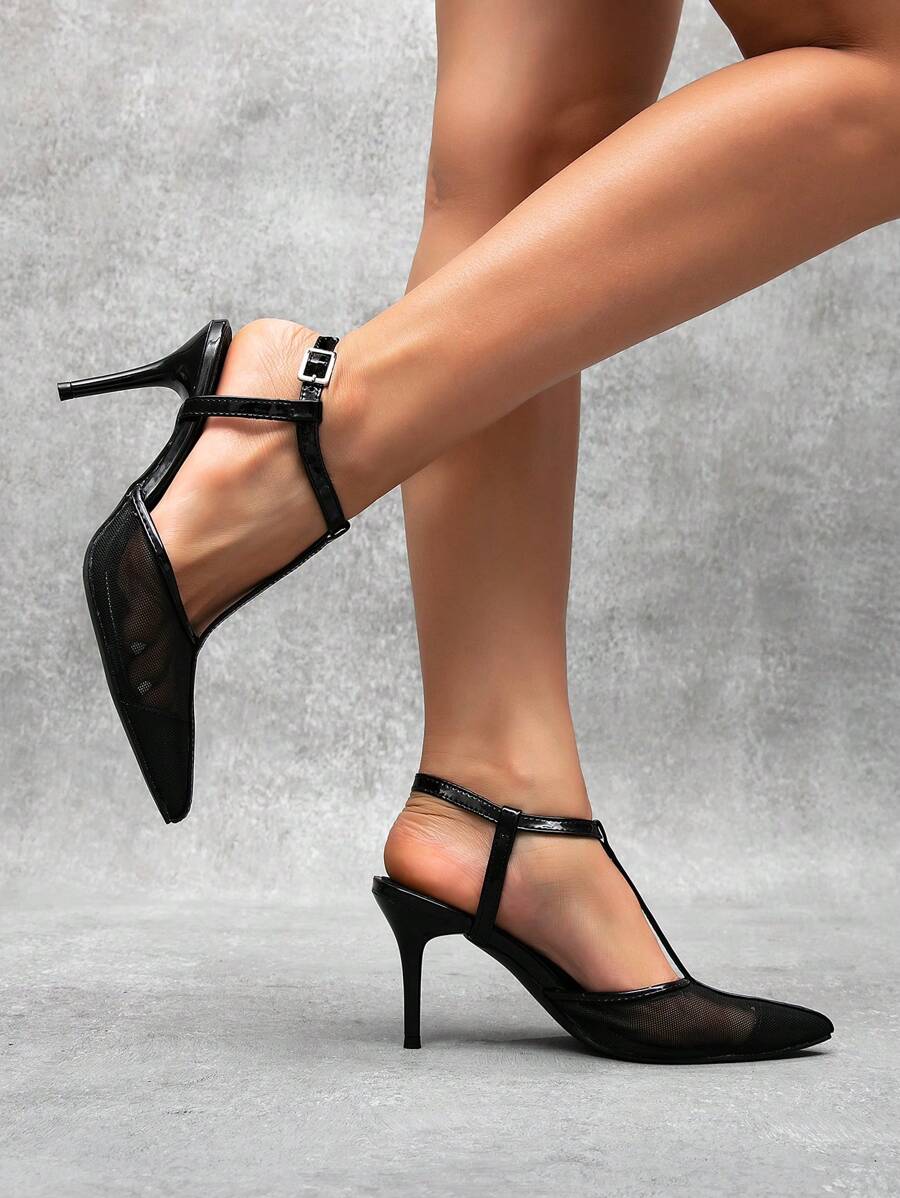 CUCCOO SZL Women Sexy Black Mesh T-Strap High Heel Pumps Spring Shoes ...