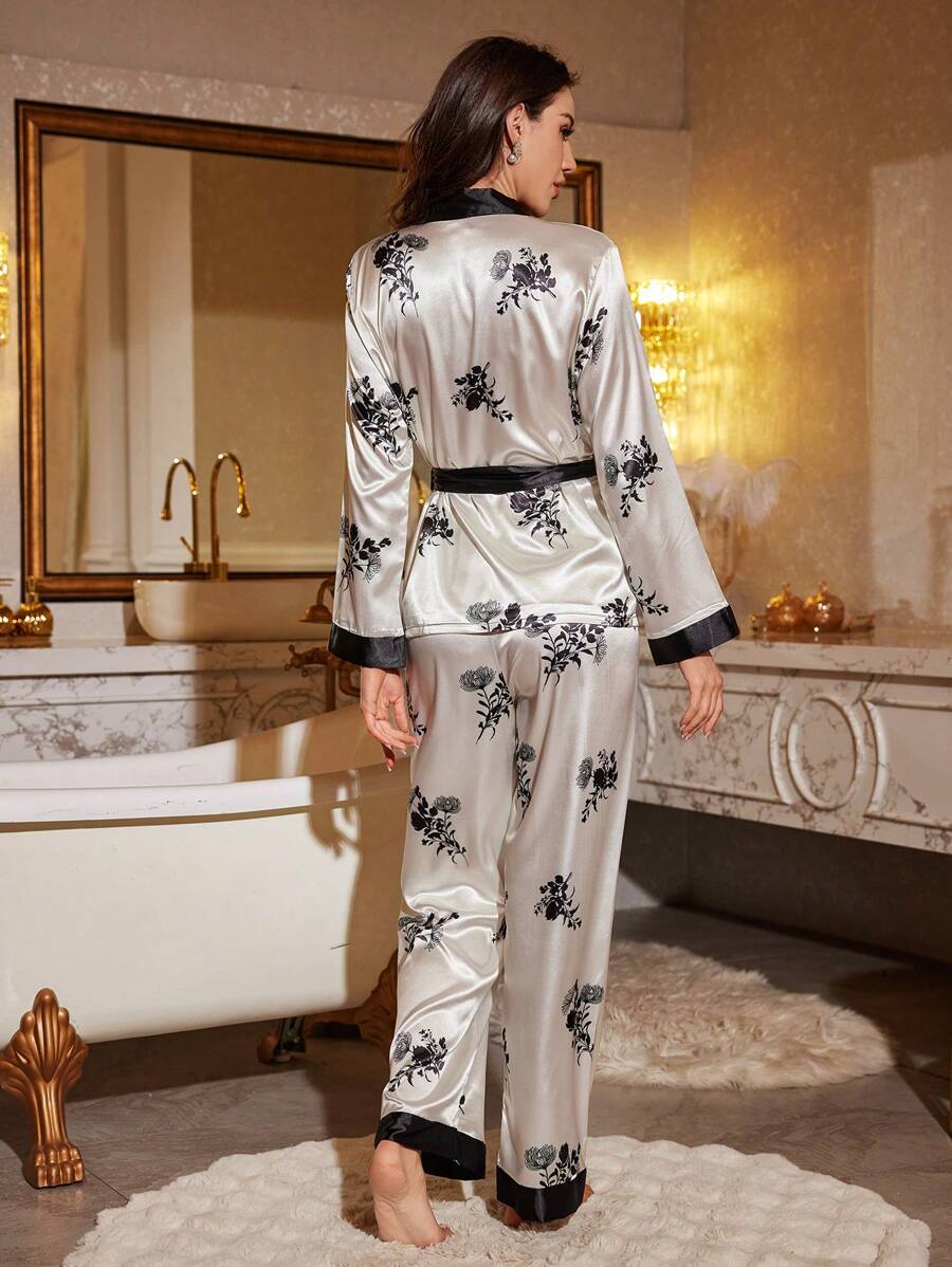 Shein LuxeNights Color-Block Floral Print Long Sleeve Pajama Set With ...