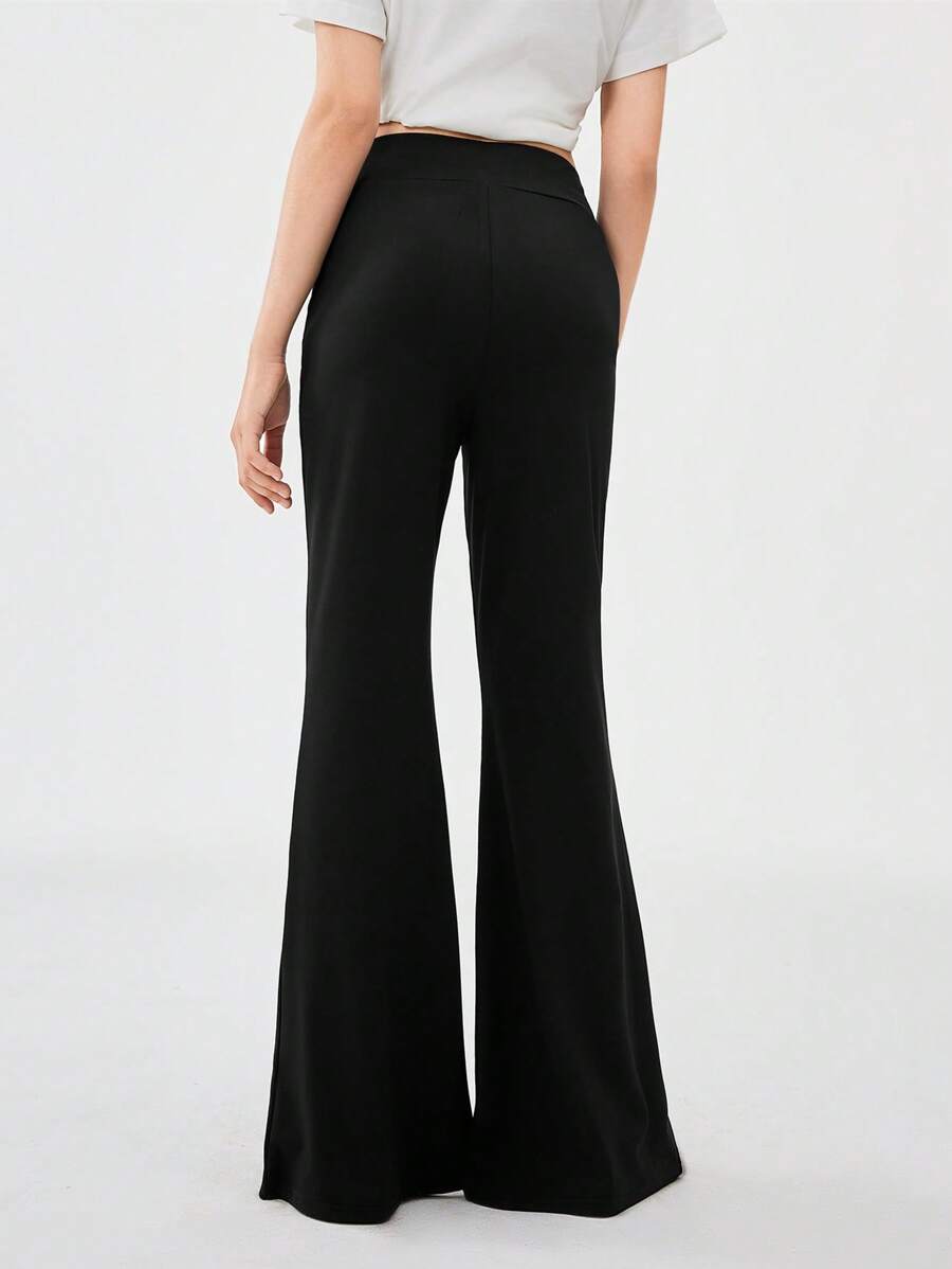 SHEIN Tween Girls Spring Basic Knit Stretchy Black Split Flare Pants ...