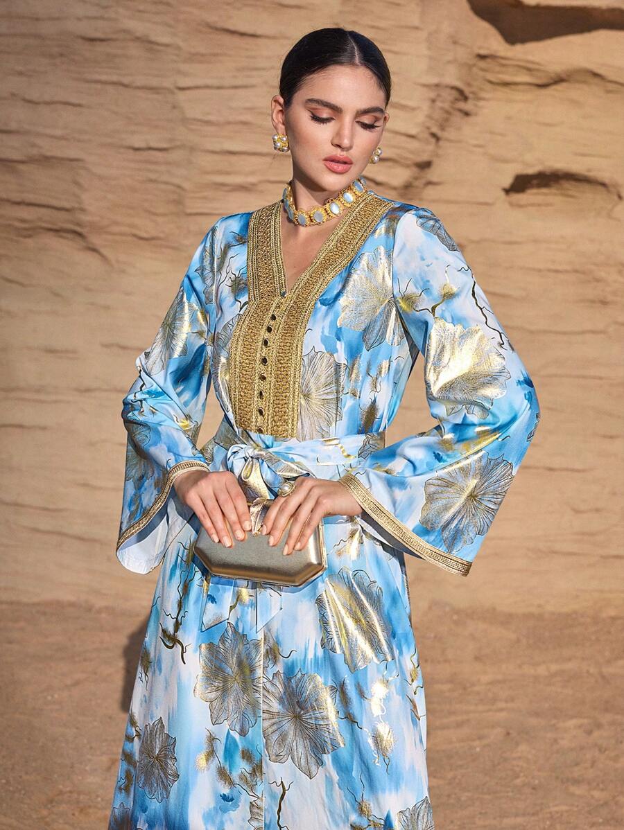 SHEIN Najma Women's Gold Foil Printed Turkish & Arabic Traditional Long ...
