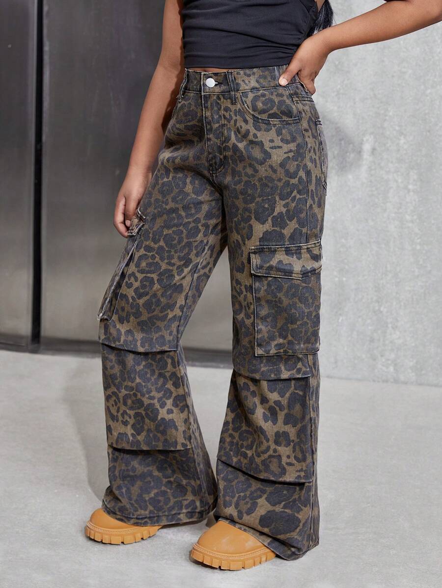Tween Girls Leopard Print Cargo Pocket Pleated Wide Leg Loose Fit Jeans ...