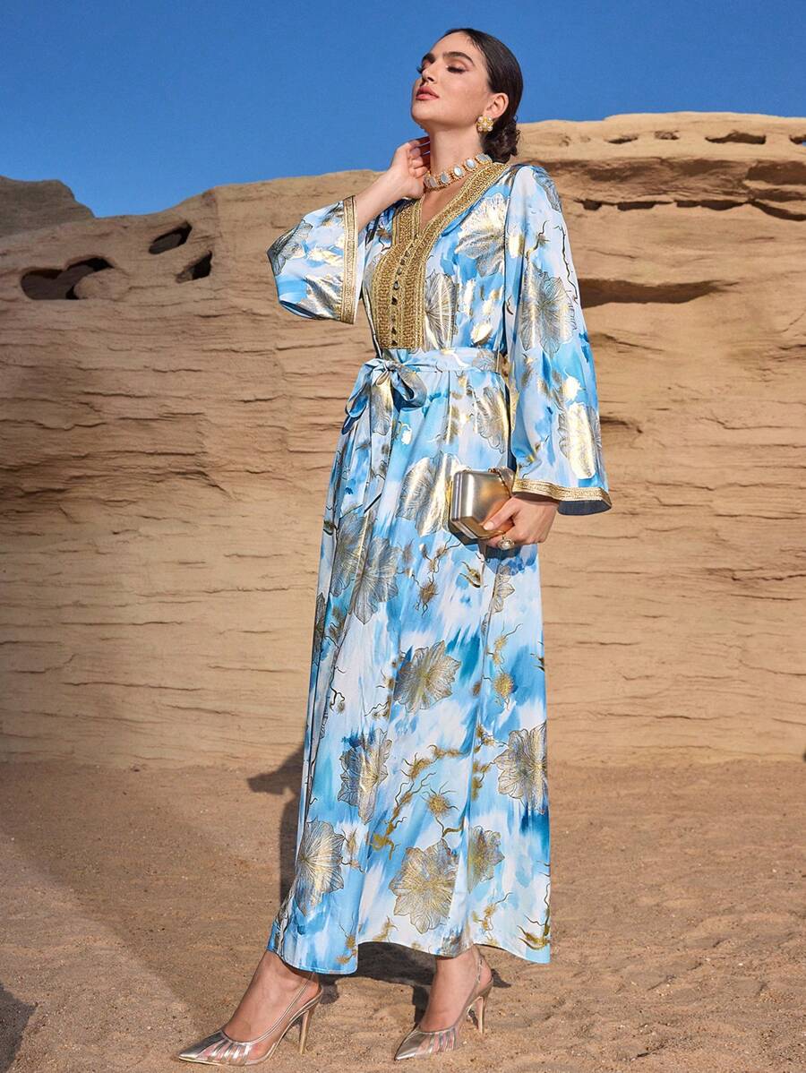 SHEIN Najma Women's Gold Foil Printed Turkish & Arabic Traditional Long ...