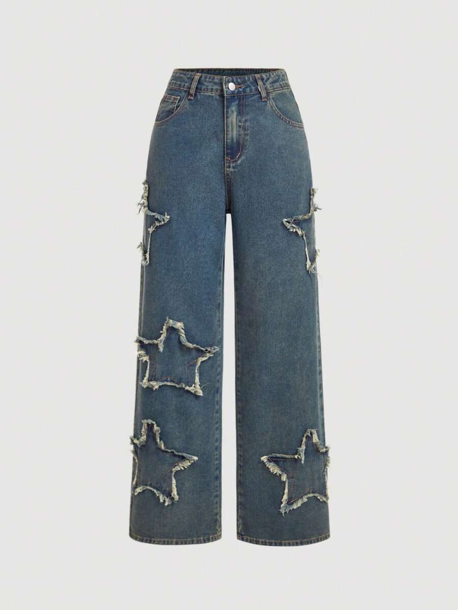 SHEIN MOD Women's Casual Loose Wide Leg Jeans, Blue With Star Design ...