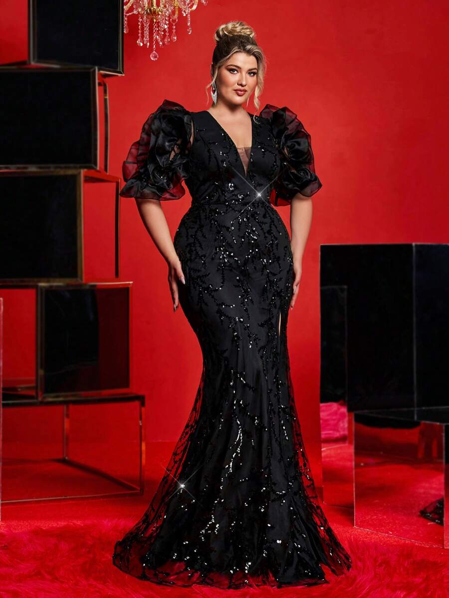 Glamrae Plus Size Elegant Luxury Black Deep V-Neck Sequin Contrast Organza High Slit Mermaid Hem ...
