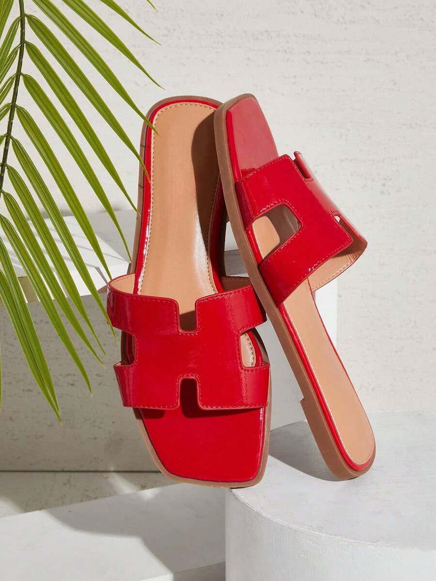 SHUZIA Women's Cutout H-Strap Open Toe Flat Pu Slide Sandals-Versatile ...