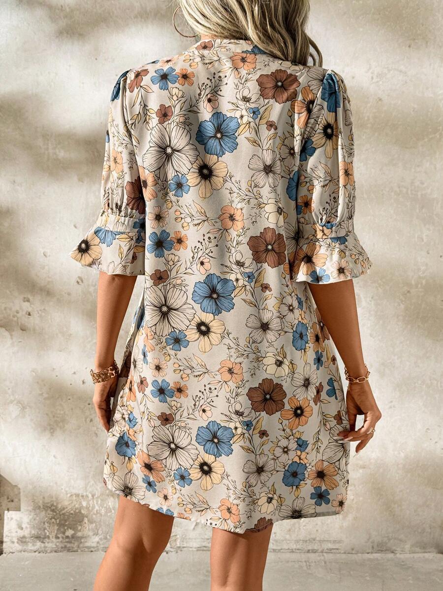 SHEIN Clasi Women's Elegant Floral Print V-Neck Ruffle Sleeve Loose ...