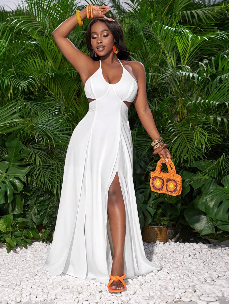 Slaydiva Vacation Sexy Low Neck Slit Waist Cut-Out White Women Midi ...