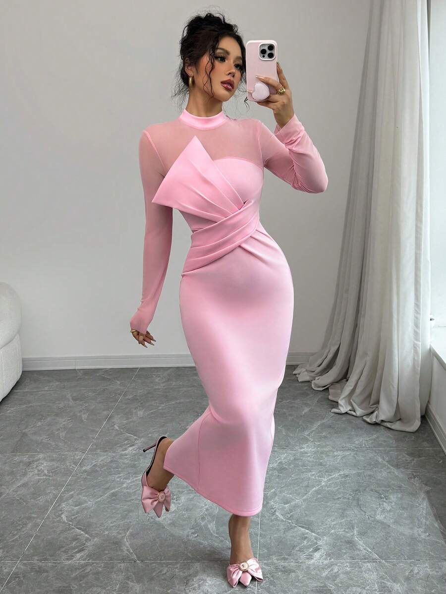 Elenzga Pink Elegant Quality Mesh Panel Long Sleeve Midi Dress, Waist ...