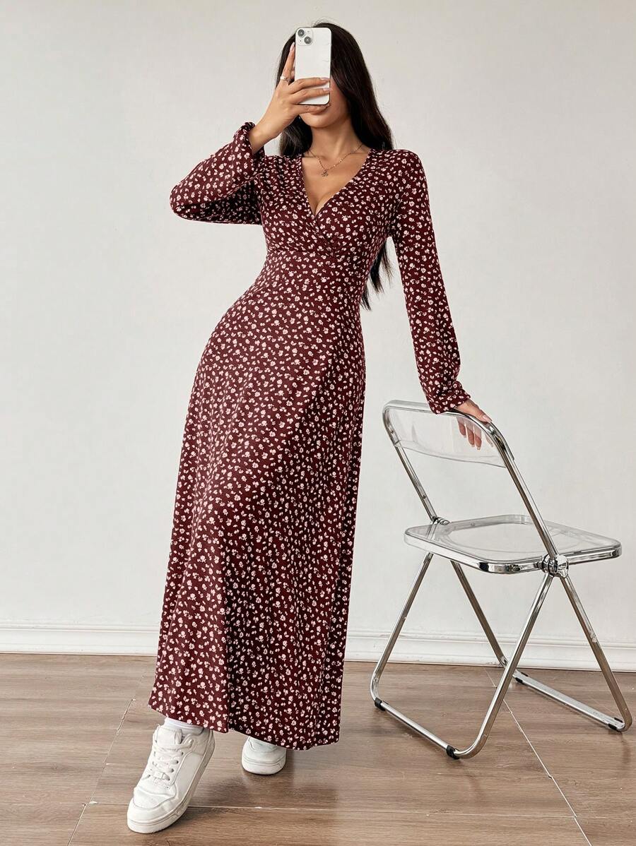 Flirla Navy Blue Ditsy Floral V-Neck A-Line Dress Maxi Women Outfit ...