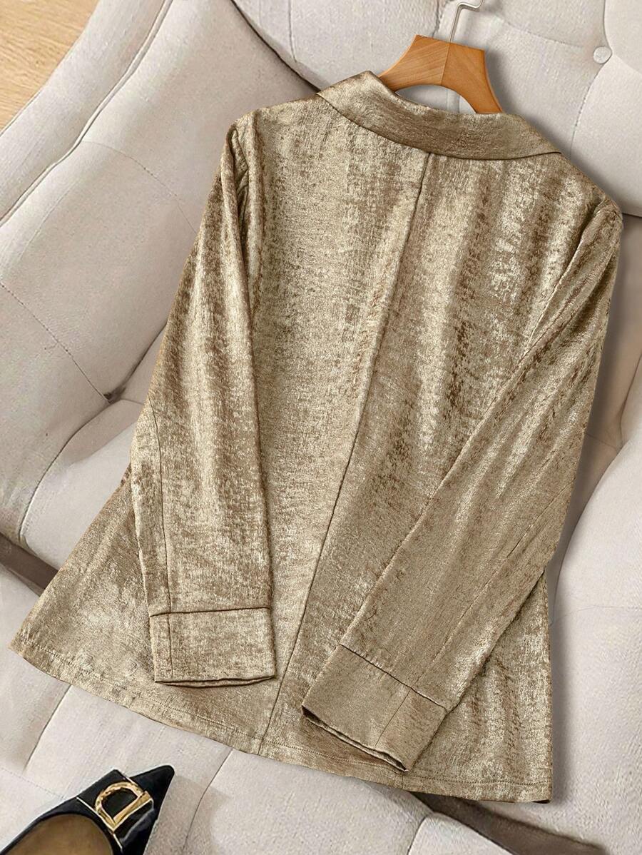 SHEIN Clasi Plus Size Women's Elegant Gold Foil Print Thin Long Sleeve ...