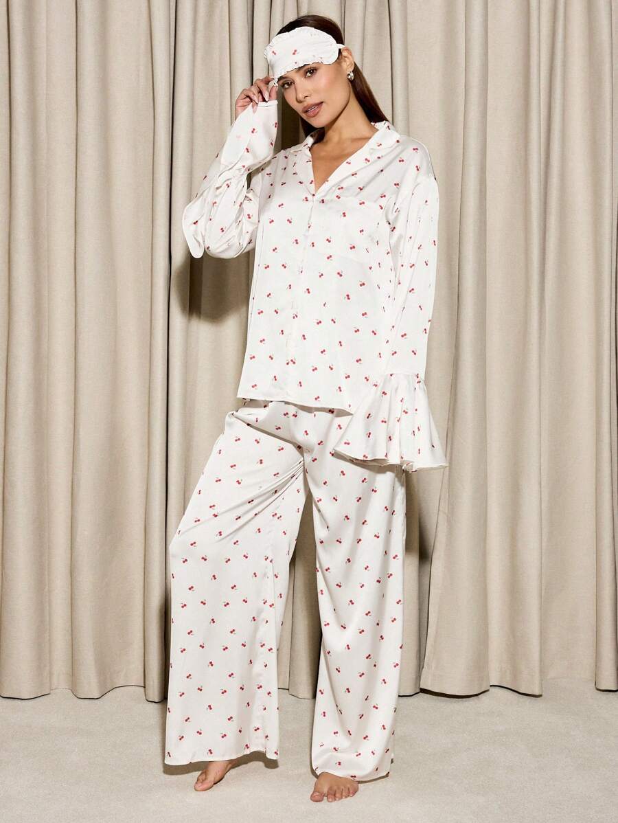 AiiRZ Cherry Print Frilly PJ Shirt And Trouser Set With Eye Mask ...