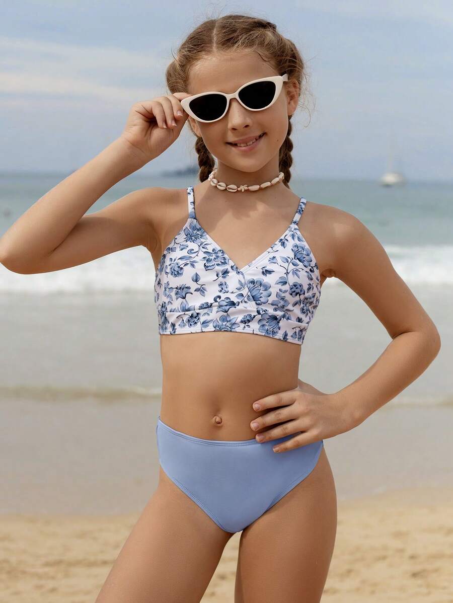 SHEIN 3pcs/Set Tween Girl Swimwear, Retro Floral Print Bikini Set With Shorts, Suitable For ...