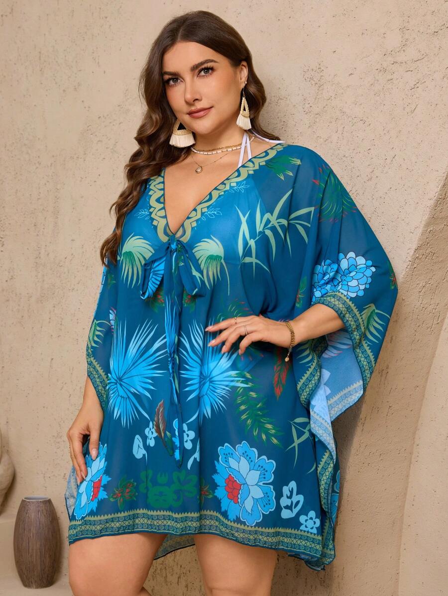 SHEIN Swim Curve Plus Size Women's Loose Floral Print Tie Front Beach ...