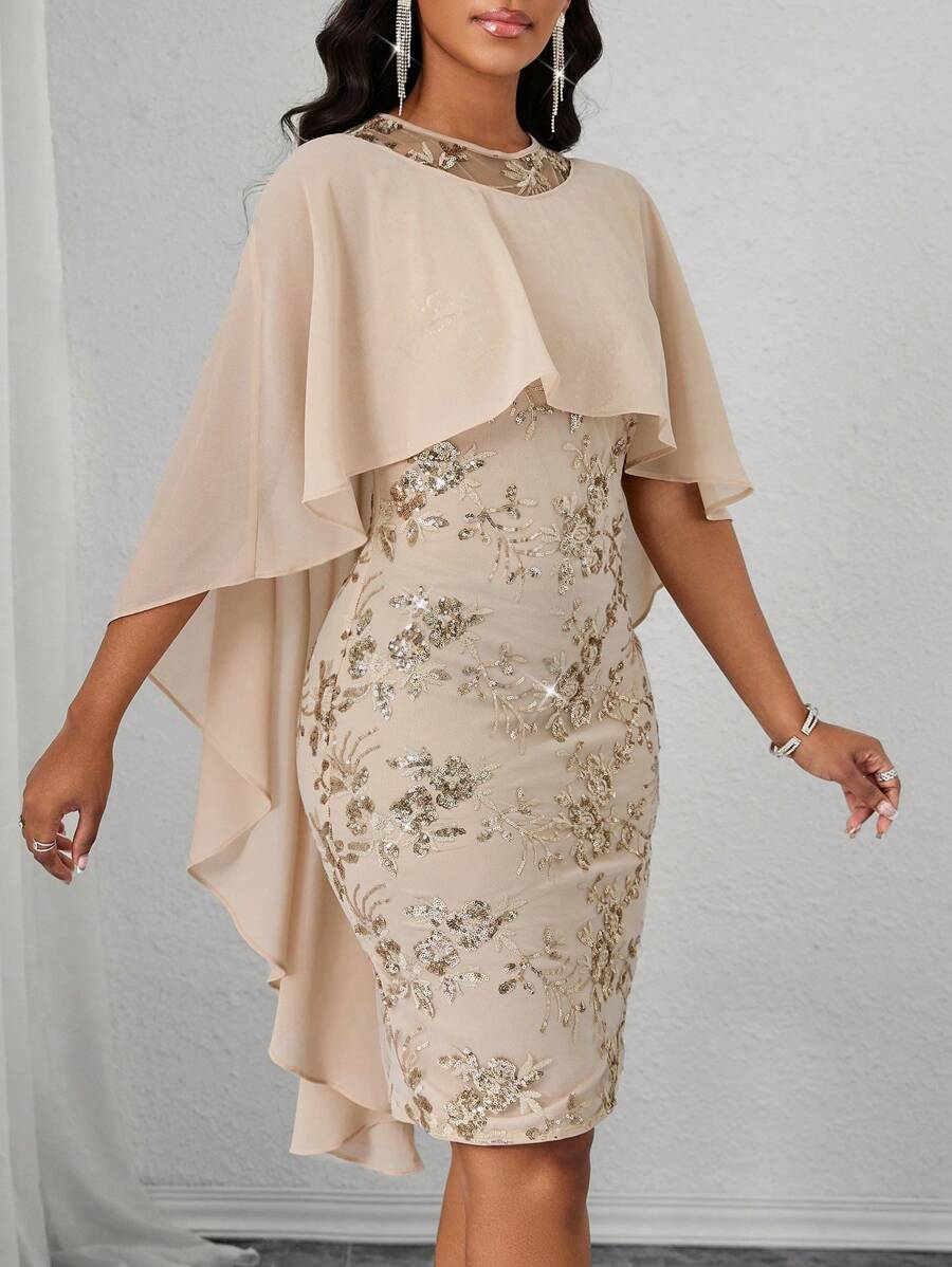 SHEIN Lady An Elegant And Gorgeous Party Outfit With A Flowing Cape And A Slim-Fitting Sequined ...