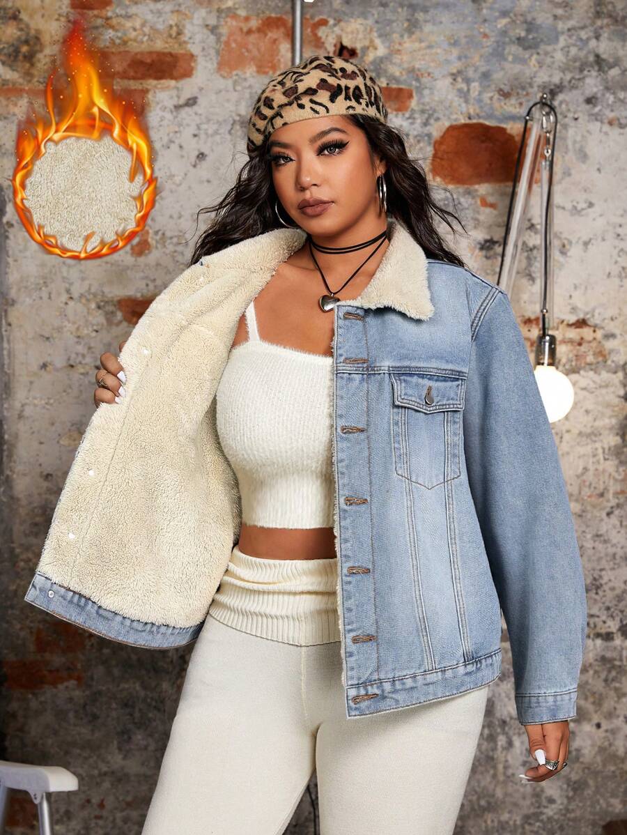 SHEIN ICON Plus Size Denim Jacket, Casual Everyday Wear With Thermal ...