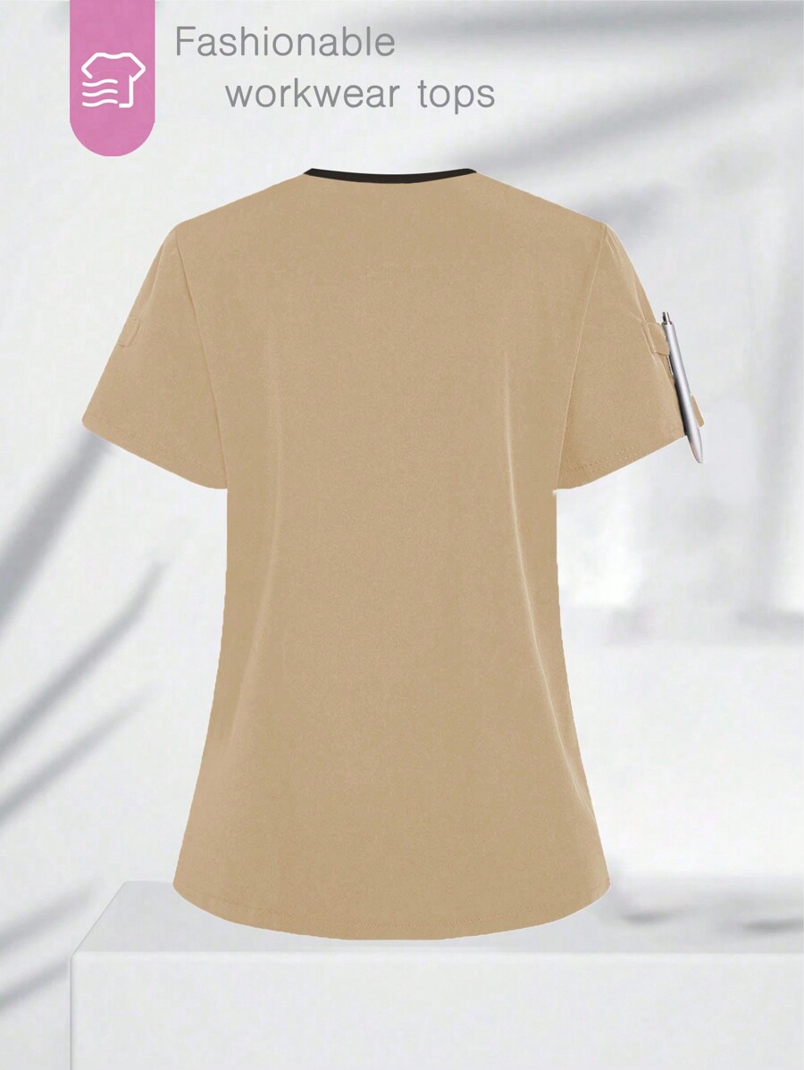 SHEIN TaskFit Women Contrasting Color Trim Short Sleeve Top, Scrub Tops ...