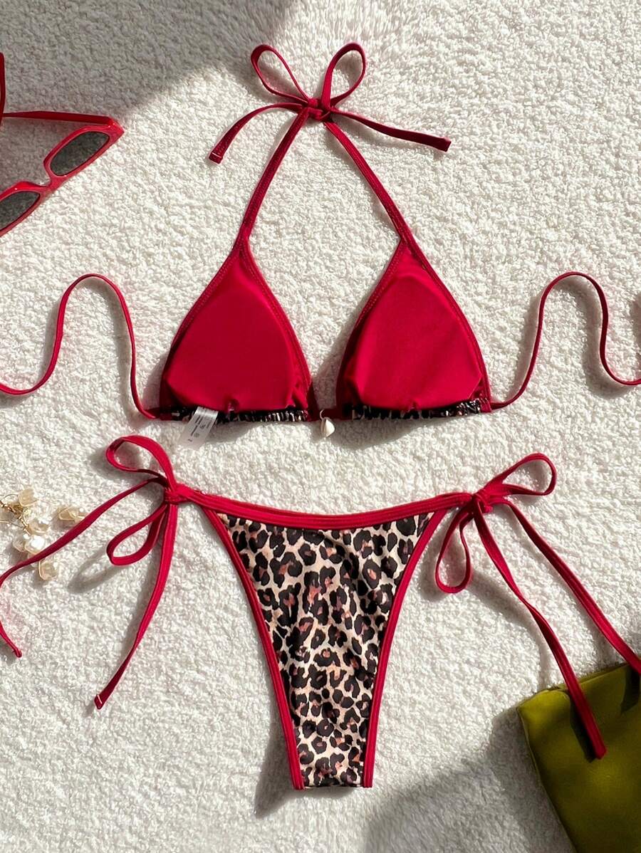Summer 2pcs Set New Spaghetti Strap Halter Leopard Print Multi-Color ...