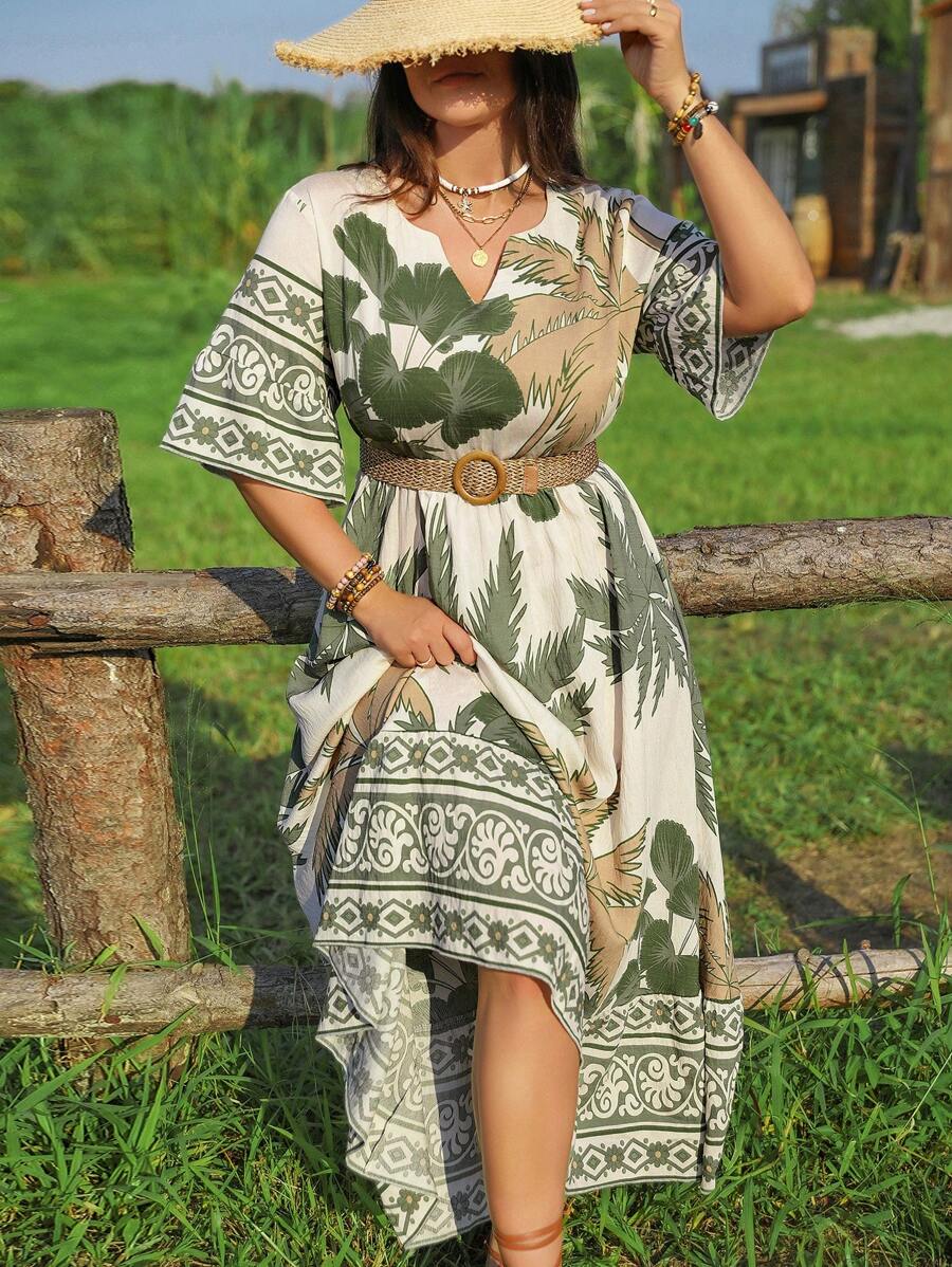 SHEIN Holidaya Refreshing Green Coconut Tree Print V-Neck Casual Dress ...