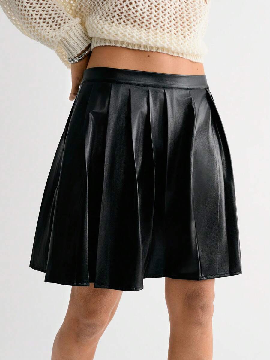 SHEIN Unity Women Solid Color Simple Faux PU Pleated Skirt, Casual ...