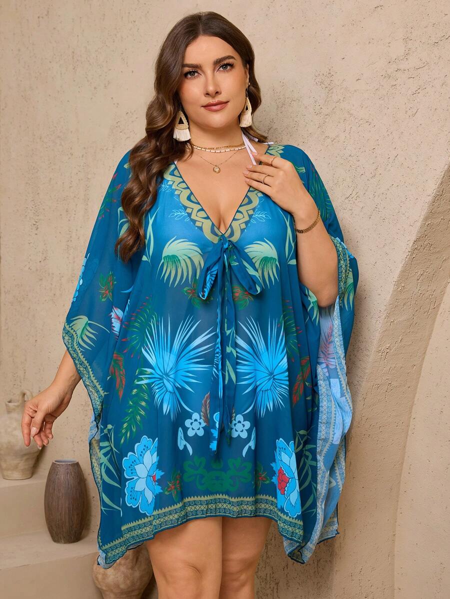 SHEIN Swim Curve Plus Size Women's Loose Floral Print Tie Front Beach ...