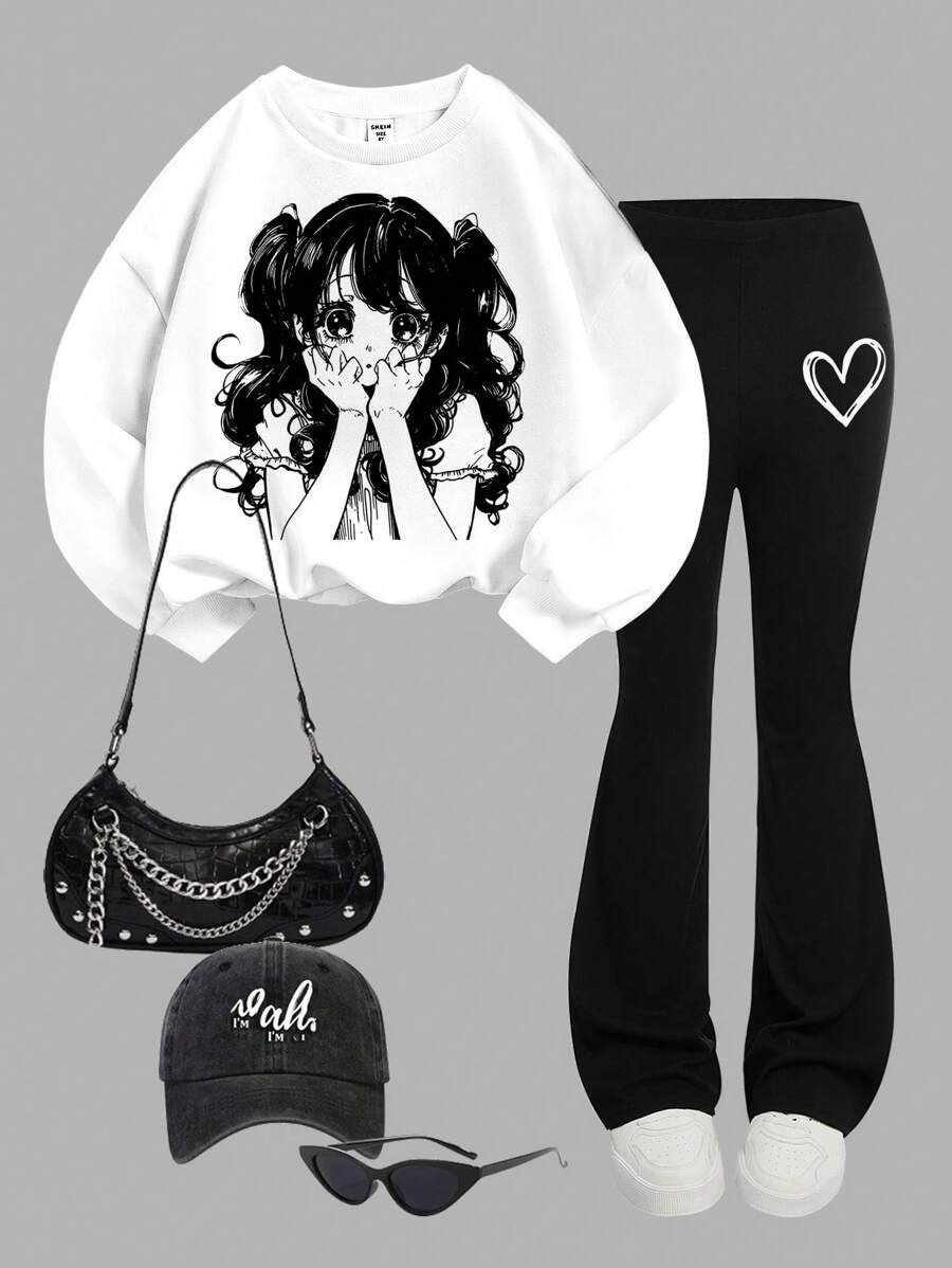 SHEIN Cartoon Portrait & Heart Print Streetwear Casual, Tween Girls ...