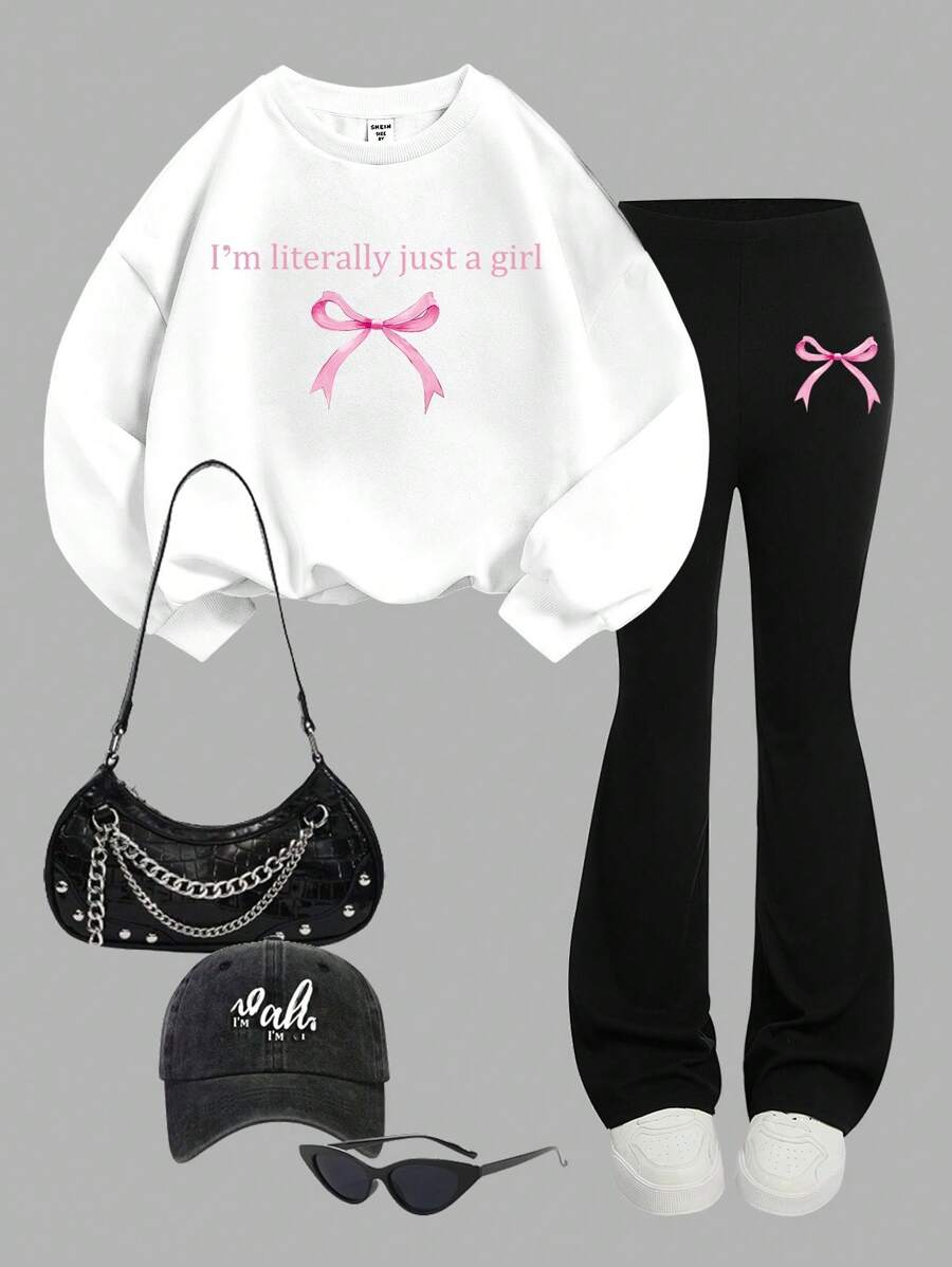 SHEIN Leap Crew Tween Girls Pink Bow Print Knit Crew Neck Loose ...