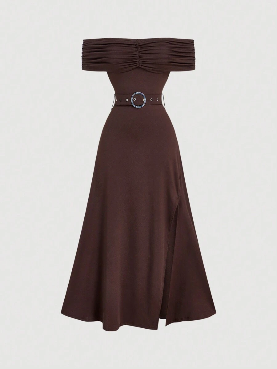 SHEIN MOD Brown Vintage Off Shoulder Ruffle High Slit Dress, 70s Style ...