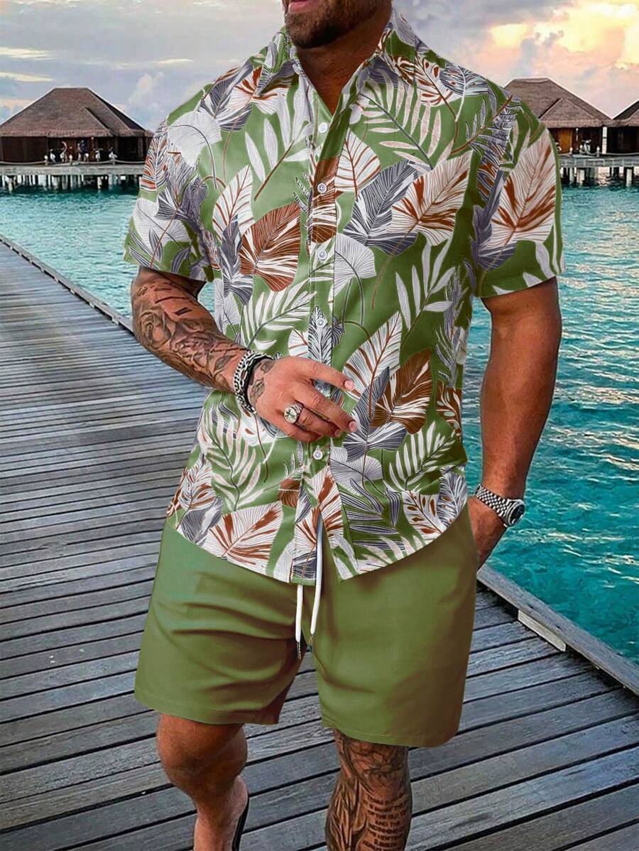 Manfinity RSRT Men's Tropical Plant Print Short Sleeve Shirt & Short 2 ...