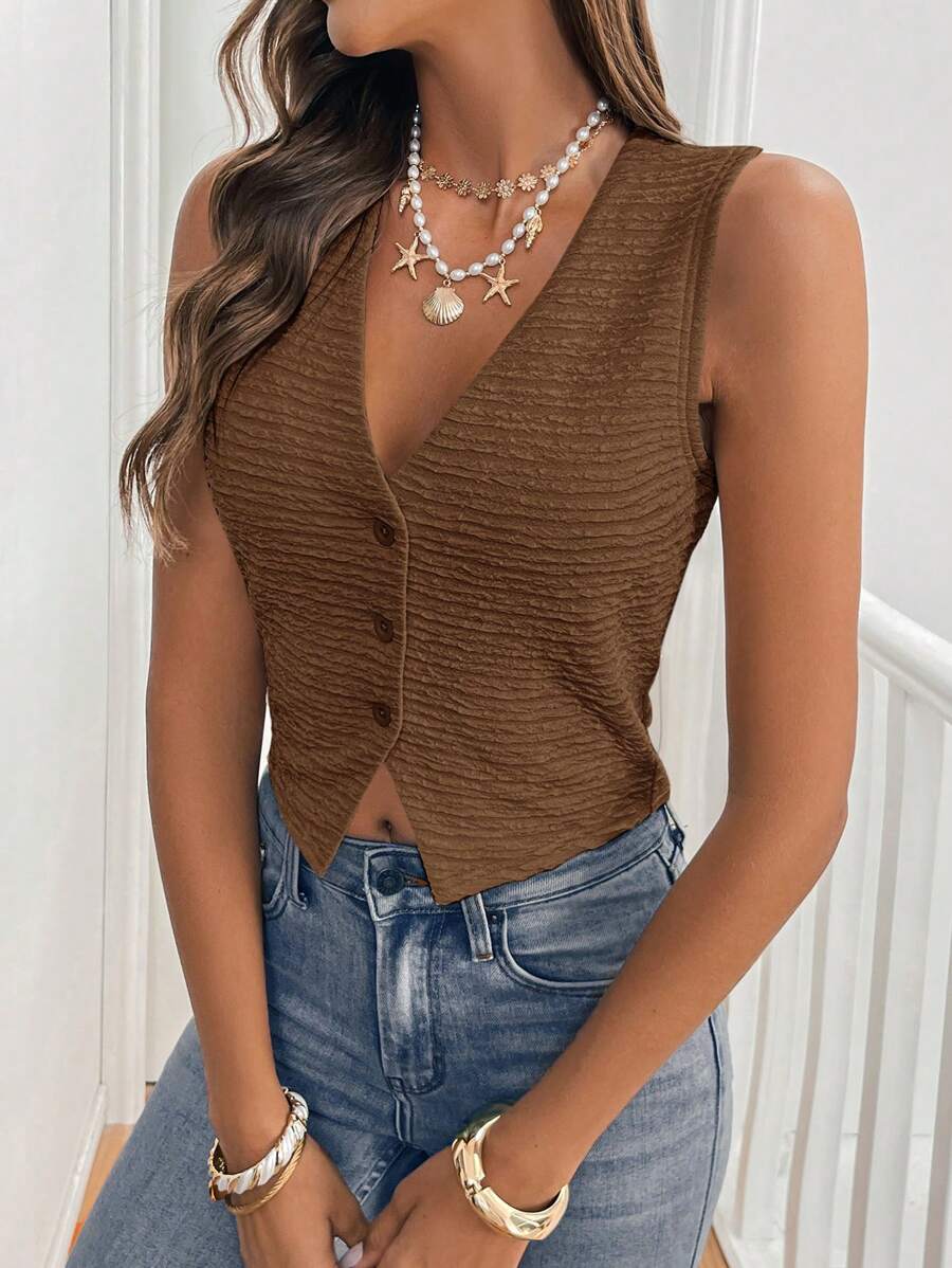 SHEIN Frenchy Casual Minimalist Solid Color Textured Front Button Tank Top | SHEIN USA